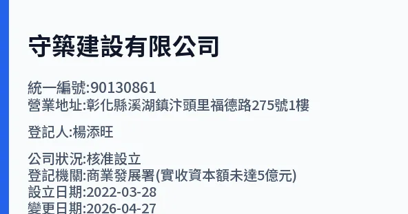 守築建設有限公司的照片-統編 90130861(彰化縣) 公司登記資料與營業項目詳細圖表