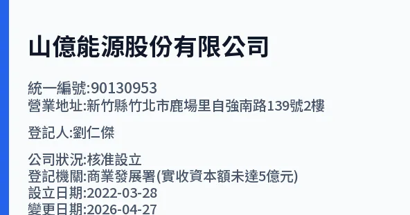 山億能源股份有限公司的照片-統編 90130953(新竹縣) 公司登記資料與營業項目詳細圖表