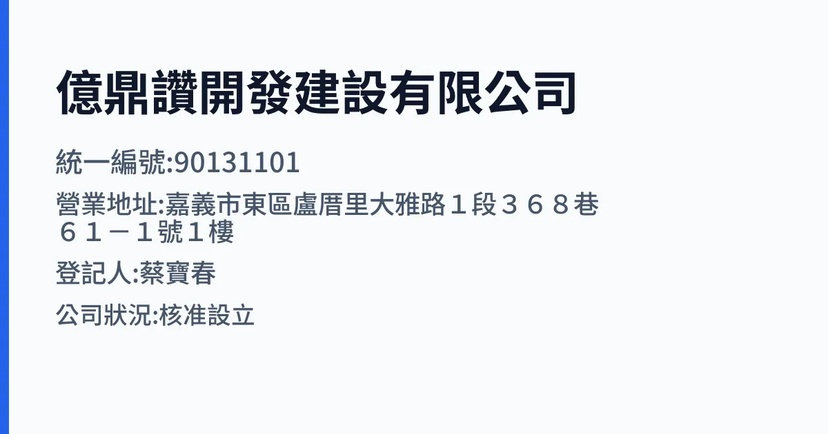 億鼎讚開發建設有限公司 - 統編 90131101(嘉義市) 公司登記資料與營業項目詳細圖表