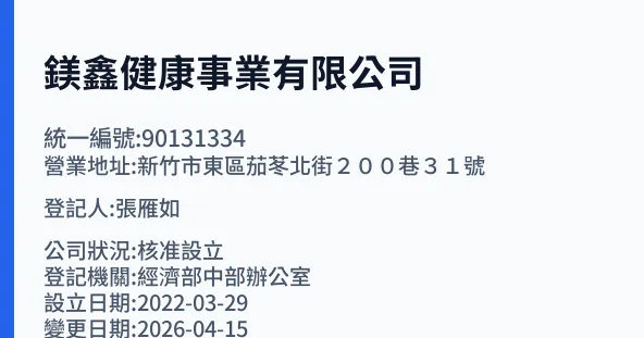 鎂鑫健康事業有限公司的照片-統編 90131334(新竹市) 公司登記資料與營業項目詳細圖表