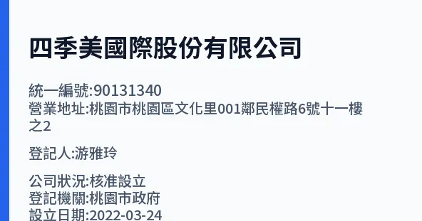 四季美國際股份有限公司的照片-統編 90131340(桃園市) 公司登記資料與營業項目詳細圖表