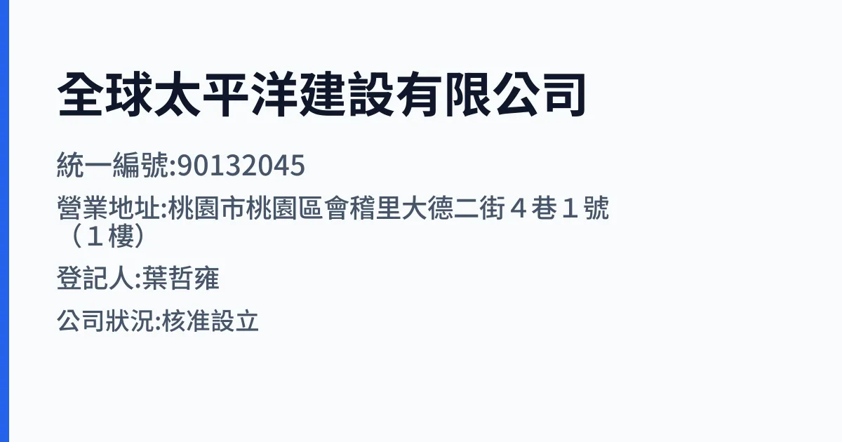 全球太平洋建設有限公司 - 統編 90132045(桃園市) 公司登記資料與營業項目詳細圖表