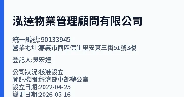 泓達物業管理顧問有限公司的照片-統編 90133945(嘉義市) 公司登記資料與營業項目詳細圖表