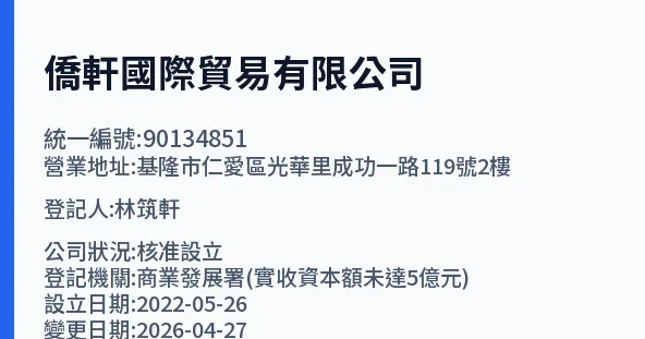 僑軒國際貿易有限公司的照片-統編 90134851(基隆市) 公司登記資料與營業項目詳細圖表