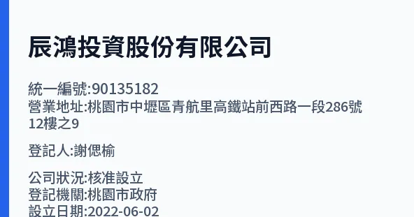 辰鴻投資股份有限公司的照片-統編 90135182(桃園市) 公司登記資料與營業項目詳細圖表