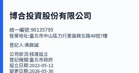 博合投資股份有限公司的照片-統編 90135795(臺北市) 公司登記資料與營業項目詳細圖表