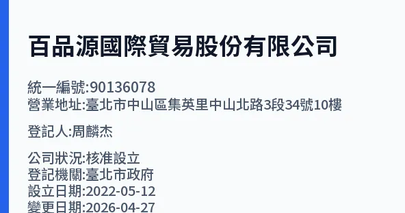 百品源國際貿易股份有限公司的照片-統編 90136078(臺北市) 公司登記資料與營業項目詳細圖表