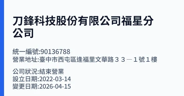 刀鋒科技股份有限公司福星分公司的照片-統編 90136788(臺中市) 公司登記資料與營業項目詳細圖表