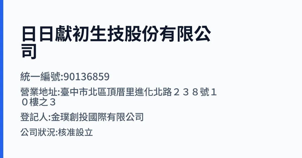 日日獻初生技股份有限公司 - 統編 90136859(臺中市) 公司登記資料與營業項目詳細圖表