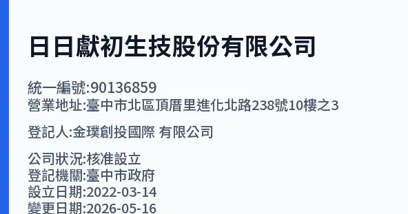 日日獻初生技股份有限公司的照片-統編 90136859(臺中市) 公司登記資料與營業項目詳細圖表
