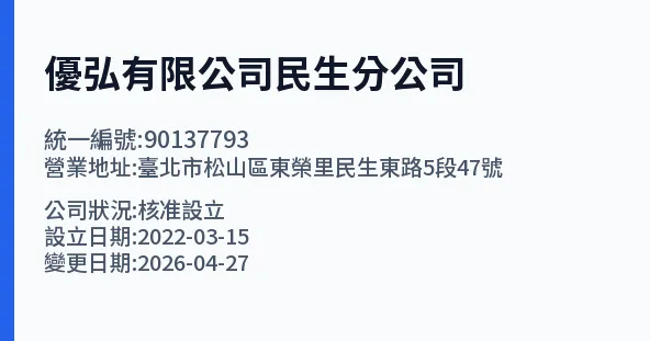 優弘有限公司民生分公司的照片-統編 90137793(臺北市) 公司登記資料與營業項目詳細圖表