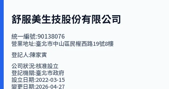 舒服美生技股份有限公司的照片-統編 90138076(臺北市) 公司登記資料與營業項目詳細圖表