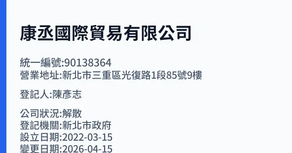 康丞國際貿易有限公司的照片-統編 90138364(新北市) 公司登記資料與營業項目詳細圖表