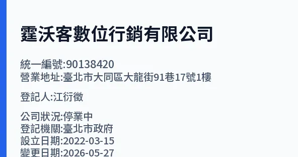 霆沃客數位行銷有限公司的照片-統編 90138420(臺北市) 公司登記資料與營業項目詳細圖表