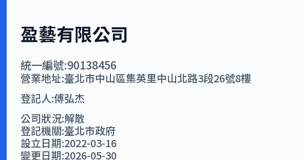 盈藝有限公司的照片-統編 90138456(臺北市) 公司登記資料與營業項目詳細圖表