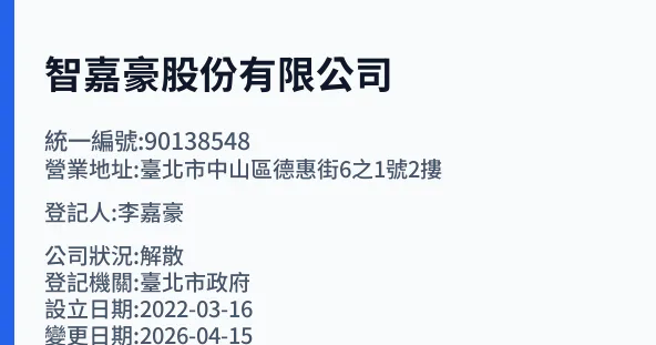智嘉豪股份有限公司的照片-統編 90138548(臺北市) 公司登記資料與營業項目詳細圖表