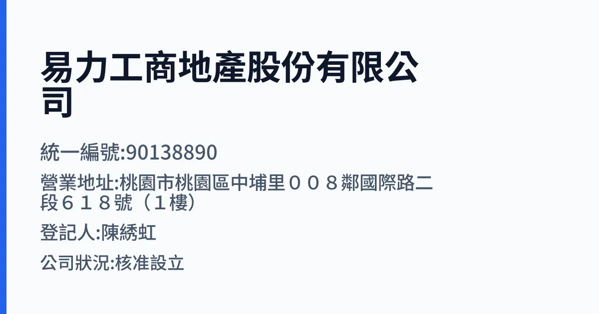 易力工商地產股份有限公司 - 統編 90138890(桃園市) 公司登記資料與營業項目詳細圖表