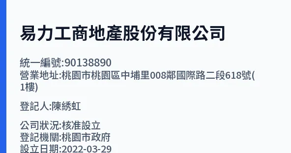 易力工商地產股份有限公司的照片-統編 90138890(桃園市) 公司登記資料與營業項目詳細圖表