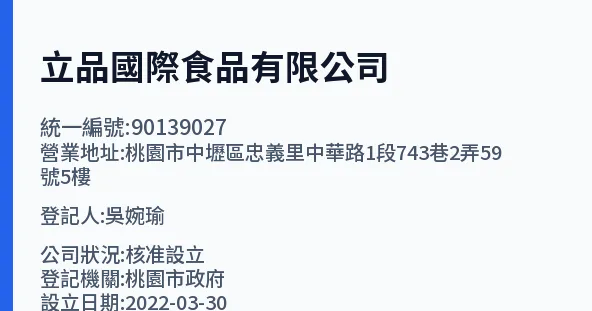 立品國際食品有限公司的照片-統編 90139027(桃園市) 公司登記資料與營業項目詳細圖表