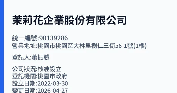茉莉花企業股份有限公司的照片-統編 90139286(桃園市) 公司登記資料與營業項目詳細圖表