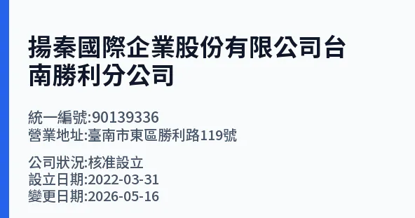 揚秦國際企業股份有限公司台南勝利分公司的照片-統編 90139336(臺南市) 公司登記資料與營業項目詳細圖表