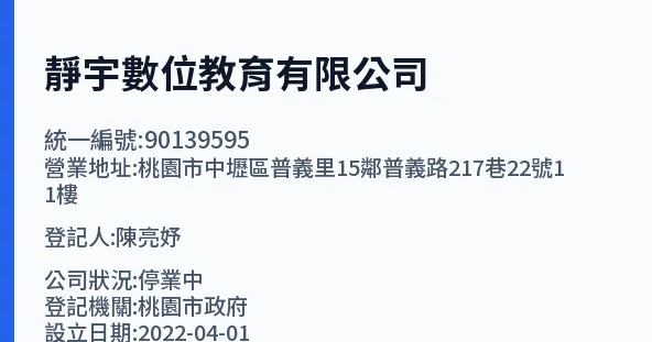 靜宇數位教育有限公司的照片-統編 90139595(桃園市) 公司登記資料與營業項目詳細圖表
