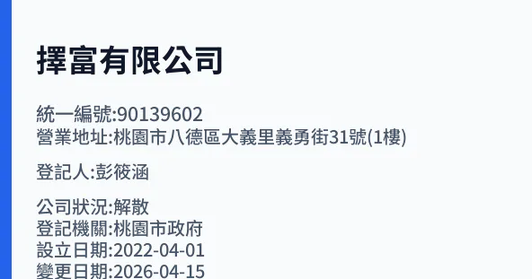 擇富有限公司的照片-統編 90139602(桃園市) 公司登記資料與營業項目詳細圖表