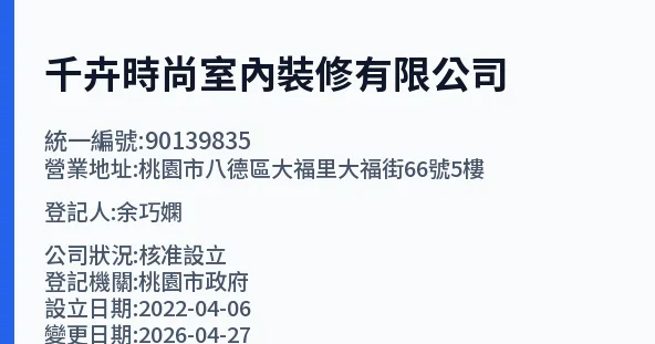 千卉時尚室內裝修有限公司的照片-統編 90139835(桃園市) 公司登記資料與營業項目詳細圖表