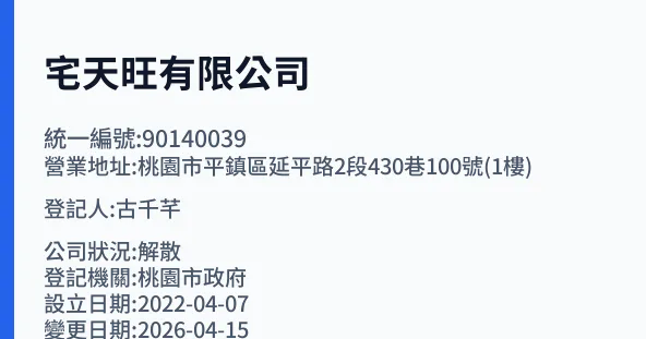 宅天旺有限公司的照片-統編 90140039(桃園市) 公司登記資料與營業項目詳細圖表