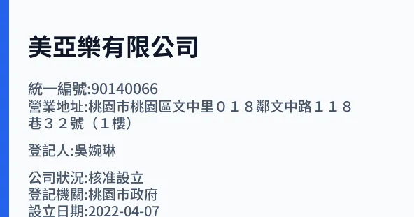 美亞樂有限公司的照片-統編 90140066(桃園市) 公司登記資料與營業項目詳細圖表