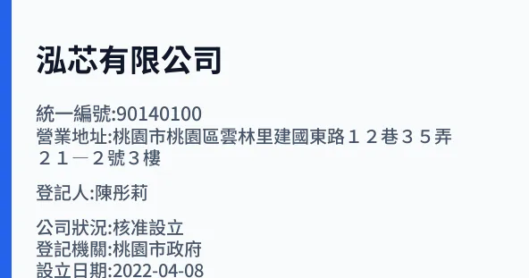 泓芯有限公司的照片-統編 90140100(桃園市) 公司登記資料與營業項目詳細圖表