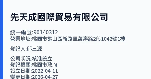 先天成國際貿易有限公司的照片-統編 90140312(桃園市) 公司登記資料與營業項目詳細圖表