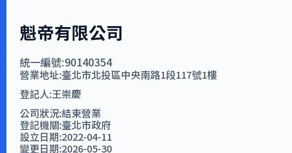 魁帝有限公司的照片-統編 90140354(臺北市) 公司登記資料與營業項目詳細圖表