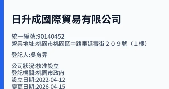 日升成國際貿易有限公司的照片-統編 90140452(桃園市) 公司登記資料與營業項目詳細圖表