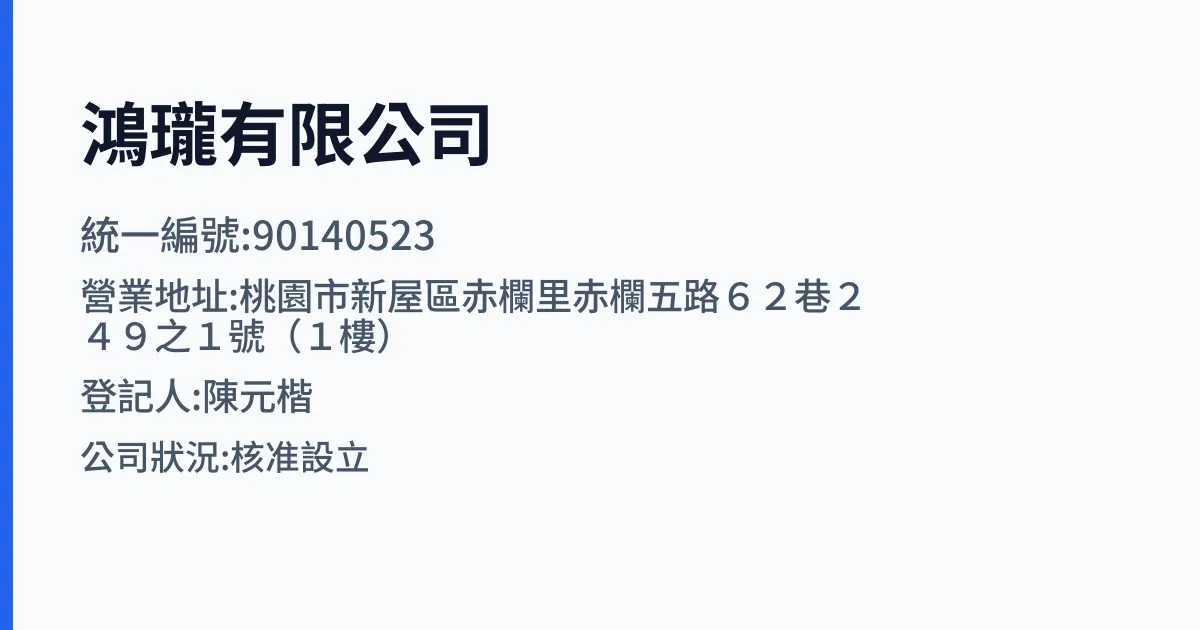 鴻瓏有限公司 - 統編 90140523(桃園市) 公司登記資料與營業項目詳細圖表