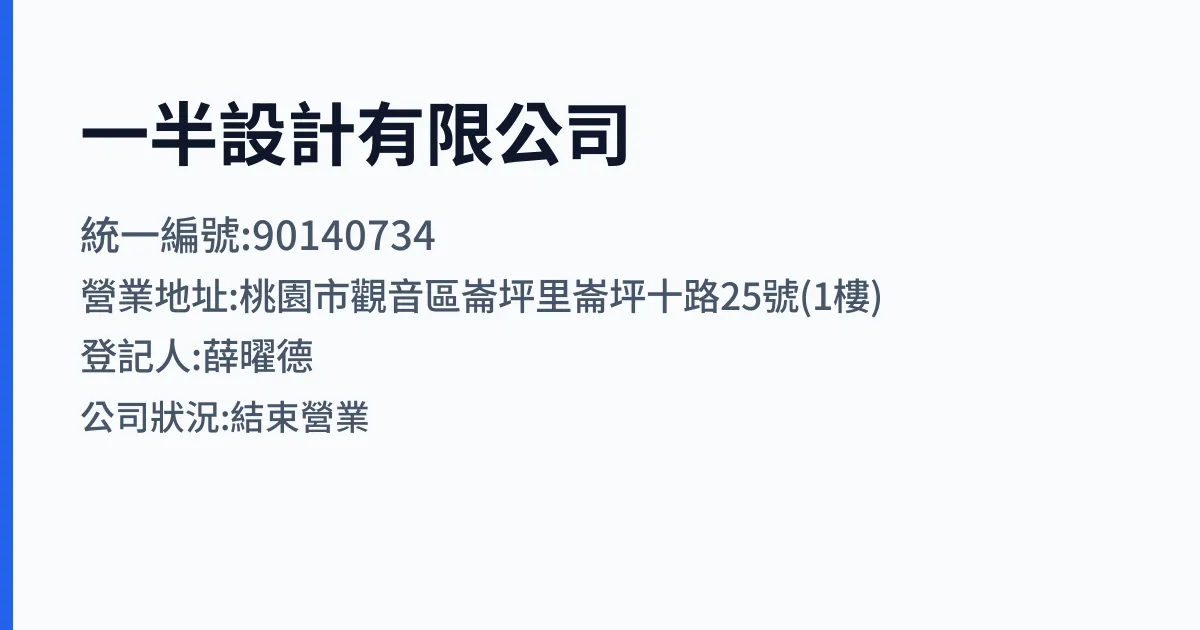一半設計有限公司 - 統編 90140734 (桃園市) 公司登記資料與營業項目詳細圖表