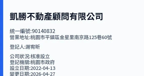 凱勝不動產顧問有限公司的照片-統編 90140832(桃園市) 公司登記資料與營業項目詳細圖表