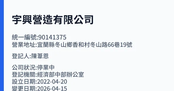 宇興營造有限公司的照片-統編 90141375(宜蘭縣) 公司登記資料與營業項目詳細圖表