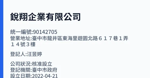 銳翔企業有限公司的照片-統編 90142705(臺中市) 公司登記資料與營業項目詳細圖表