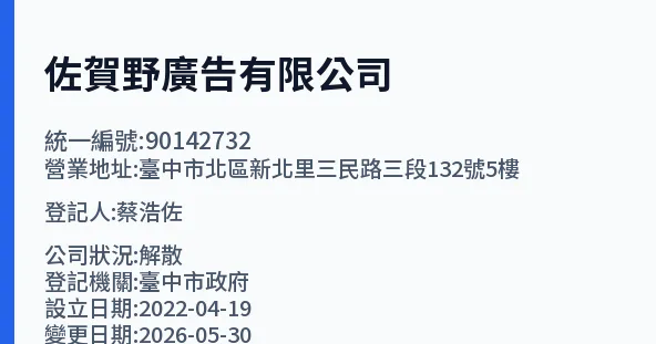 佐賀野廣告有限公司的照片-統編 90142732(臺中市) 公司登記資料與營業項目詳細圖表
