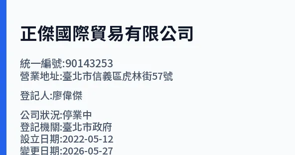 正傑國際貿易有限公司的照片-統編 90143253(臺北市) 公司登記資料與營業項目詳細圖表