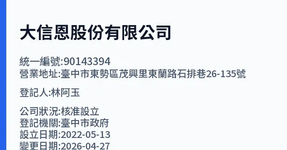 大信恩股份有限公司的照片-統編 90143394(臺中市) 公司登記資料與營業項目詳細圖表