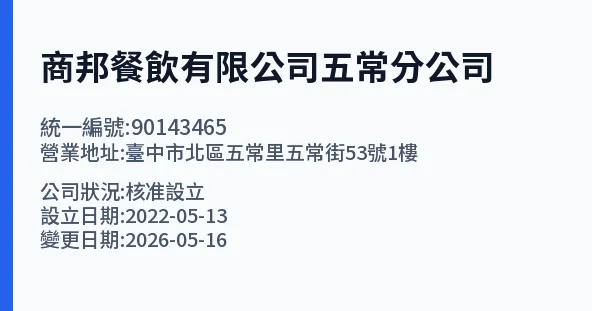 商邦餐飲有限公司五常分公司的照片-統編 90143465(臺中市) 公司登記資料與營業項目詳細圖表