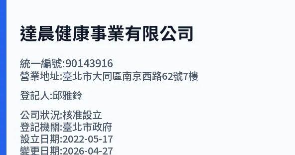 達晨健康事業有限公司的照片-統編 90143916(臺北市) 公司登記資料與營業項目詳細圖表