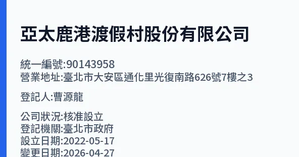 亞太鹿港渡假村股份有限公司的照片-統編 90143958(臺北市) 公司登記資料與營業項目詳細圖表