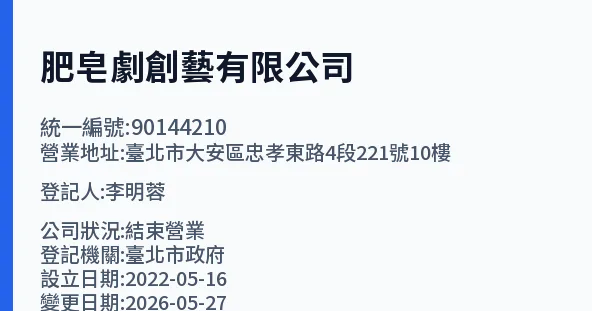 肥皂劇創藝有限公司的照片-統編 90144210(臺北市) 公司登記資料與營業項目詳細圖表