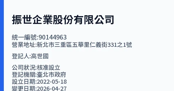 振世企業股份有限公司的照片-統編 90144963(新北市) 公司登記資料與營業項目詳細圖表