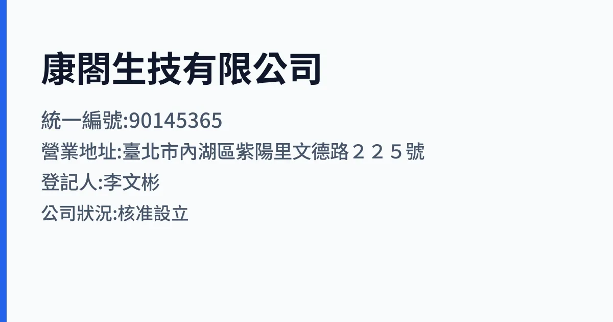 康閤生技有限公司 - 統編 90145365(臺北市) 公司登記資料與營業項目詳細圖表