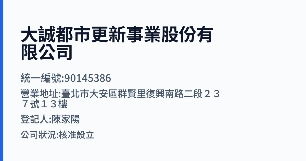 大誠都市更新事業股份有限公司 - 統編 90145386(臺北市) 公司登記資料與營業項目詳細圖表
