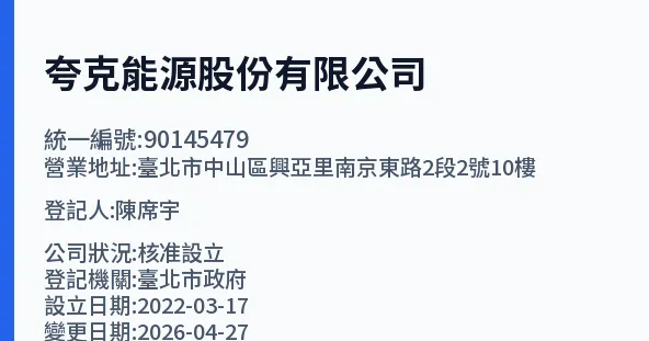 夸克能源股份有限公司的照片-統編 90145479(臺北市) 公司登記資料與營業項目詳細圖表